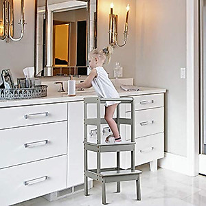 Costzon Kids Kitchen Step Stool with Safety Rail, Wood Standing Tower Learning Stool with Anti-Slip Strips for Children, Toddlers Kitchen Counter Helper Stool for Bathroom