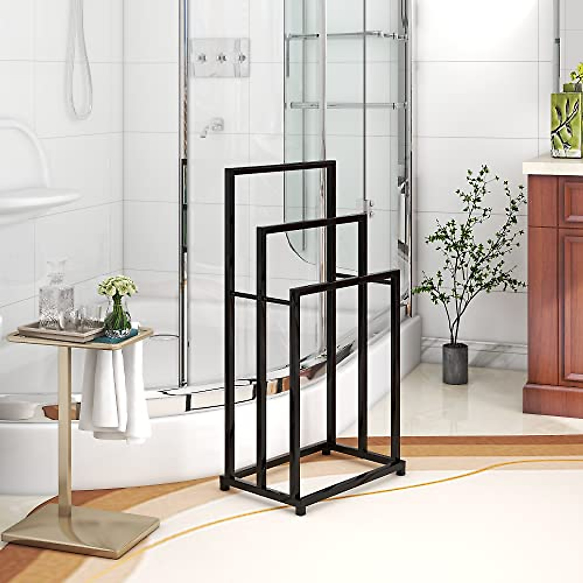 HAHRIR Black Metal 3-Tiers Stainless Steel Towel Racks ,Freestanding Towel Holder for Bathroom Accessories Organizer，for Bath Storage & Hand Towels&Washcloths& Blanket Rack