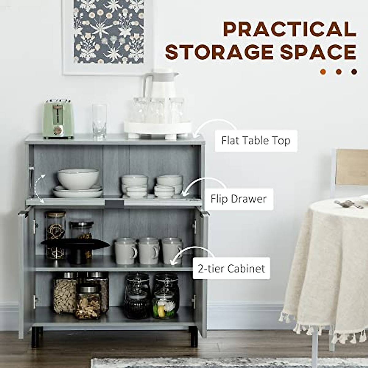 HOMCOM Sideboard Buffet Cabinet, Kitchen Cabinet with Metal Grid Flip Drawer, Adjustable Shelf, Accent Cabinet for Living Room, Grey