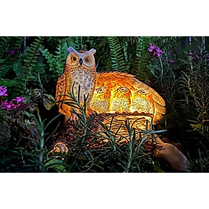 Garden Statue Owl Figurine Light - Resin Sculpture with Solar LED Light, Cute Owl for Patio,Yard, Lawn Ornaments, Gifts for Mom,Housewarming.