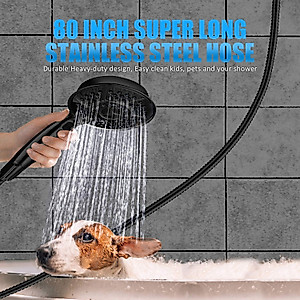 Handheld Shower Head, WASSERN High Pressure 6 Setting Rainfall Massage Water Saving Trickle Pause Extra Long 80'' Stainless Steel Hose Adjustable Bracket Brass Ball Joint 5.2'' Matte Black