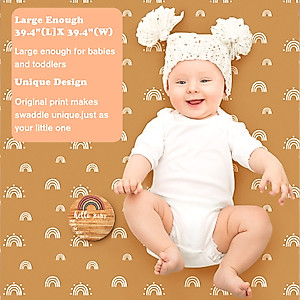 4 Pieces Light Yellow Rainbow Baby Swaddle Set Muslin Baby Swaddle Blanket Matching Hat Bow Headband Wooden Birth Announcement Card for Hospital Newborn Boy Girl 0-3 Months Receiving (40 x 40 Inch)