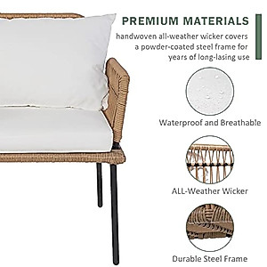 Homsido 4 Pieces Patio Sectional Furniture Set Boho Rope Porch Water-Resistant Outdoor Indoor Wicker Corner Sectional Sofa Beige Woven PE Rattan Conversation Chat Set with Rect Coffee Table