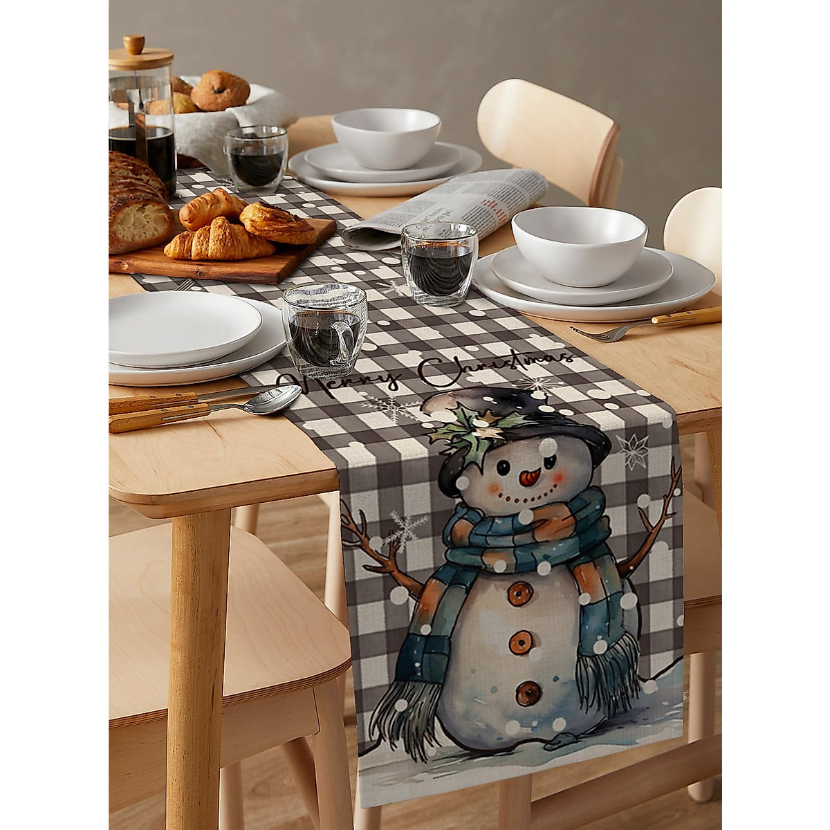 Christmas Snowman Table Runner 36 Inches Long Farmhouse Dress Scarves, Black and White Checkered Winter Snowflake Dining Tablerunner for Coffee Table/Kitchen Island/Party Décor, Small 13" x 36"