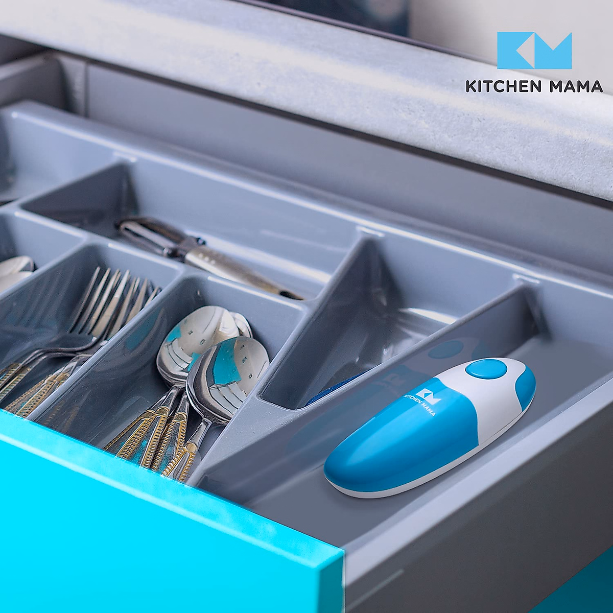 Kitchen Mama Auto Electric Can Opener: Open Your Cans with A Simple Press of Button - Automatic, Hands Free, Smooth Edge, Food-Safe, Battery Operated, YES YOU CAN (Sky Blue)