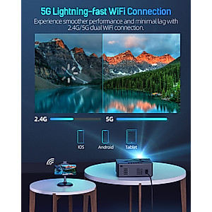 Movie Projector, HISION 5G WiFi Bluetooth Projector Native 1080P Projector 4K Support Oudoor Mini Projector for iPhone Home LED TV Projector Compatible with TV Stick Laptop Tablet PC HDMI USB TF DVD