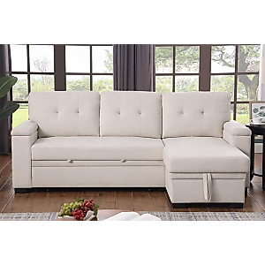Lilola Home Lucca II 84.5" W Beige Woven Fabric Reversible Sleeper Sectional Sofa with Storage Chaise and Pocket Coil Seating