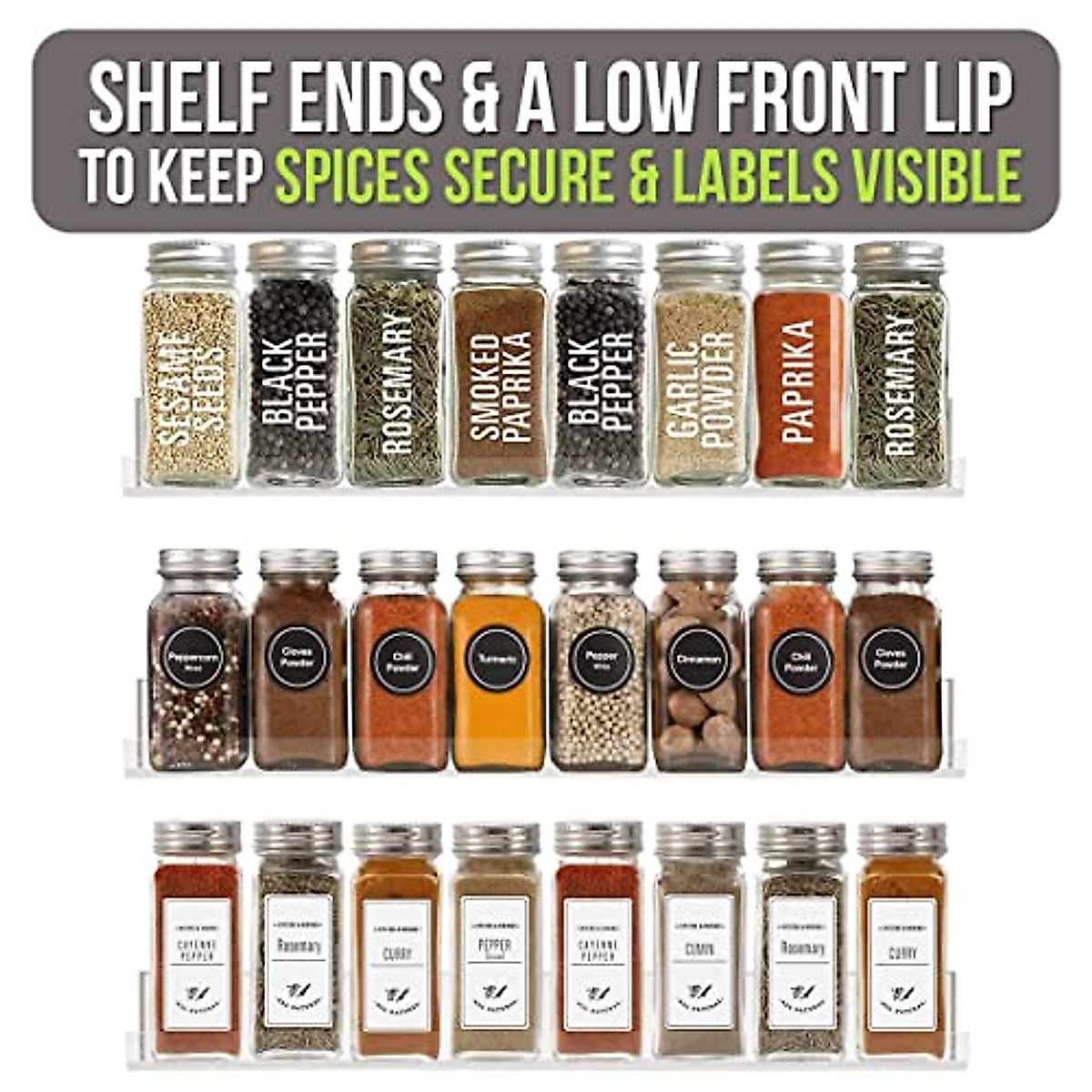 Pretty Display Spice Rack Wall Mount Crystal Clear Acrylic Spice Rack Organizer [3 Pack] Strong & Secure Shelf Design with Front & Ends -Easy to Install- 15” Customizable Wall Mounted Spice Shelves