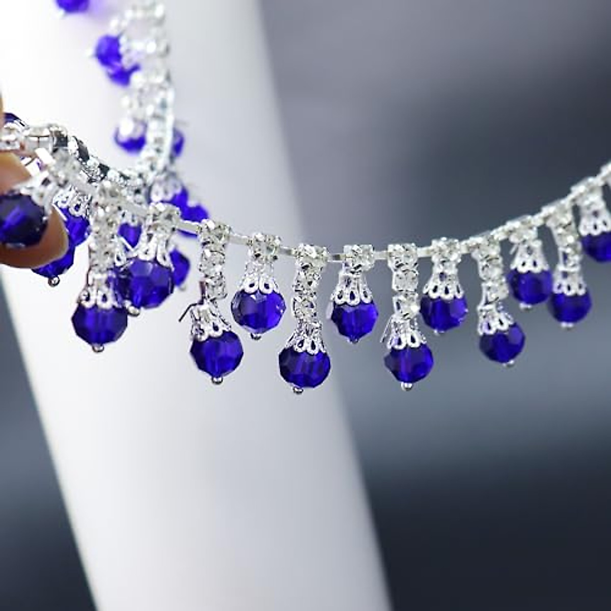 Silver Crystal Glass Beads Rhinestone Tassel Drill Chain 1 Yard Handmade Sewing Clothes Neckline Shoes Bags Jewelry Wedding Dress DIY Clothing Accessories Accessories (Dark Blue)
