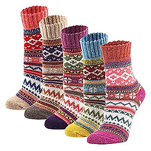 YZKKE 5Pack Womens Vintage Winter Soft Warm Thick Cold Knit Wool Crew Socks, Multicolor, free size