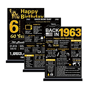 Crenics Black Gold 60th Birthday Decorations for Men Women, 3 Pieces Back in 1963 Birthday Poster with Stands, 1963 60th Birthday Gifts Anniversary Centerpieces Party Supplies
