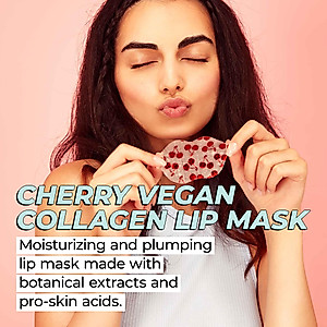 Vitamasques Lip Mask, 3-Pack - Cherry Vegan Collagen Lip Mask Sheets, Repair for Dry & Chapped Lips - Nourishing & Hydrating - Wild Cherries & Hyaluronic Acid - Vegan & Cruelty-Free