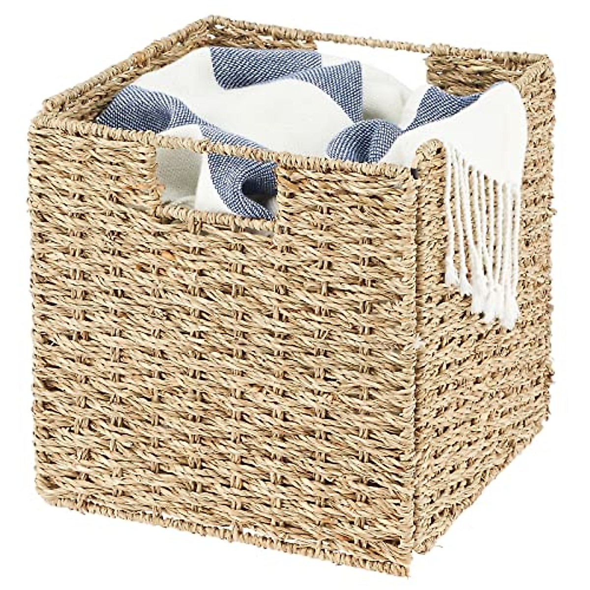 mDesign Seagrass Woven Cube Bin Basket Organizer with Handles - Storage for Bedroom, Home Office, Living Room, Bathroom, Shelf/Cubby Organization, Hold Blankets, Magazines, Books - 6 Pack, Natural/Tan