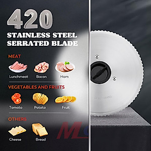 Moongiantgo Foldable Meat Slicer Electric Deli Slicer for Home with Removable 7.5" Stainless Steel Blade, 0-15mm Adjustable Slicing Thickness, with Food Pusher & Child Lock Protection (Serrated Blade)