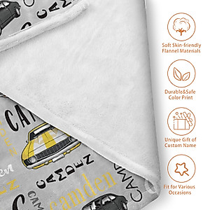ZOTIMEF Custom Name Car Blanket for Kids - Multi-Fonts Names with Cars Theme Design - Personalized Soft Plush Flannel Blanket for Boys Girls Holidays Birthdays Gifts Grey & Yellow