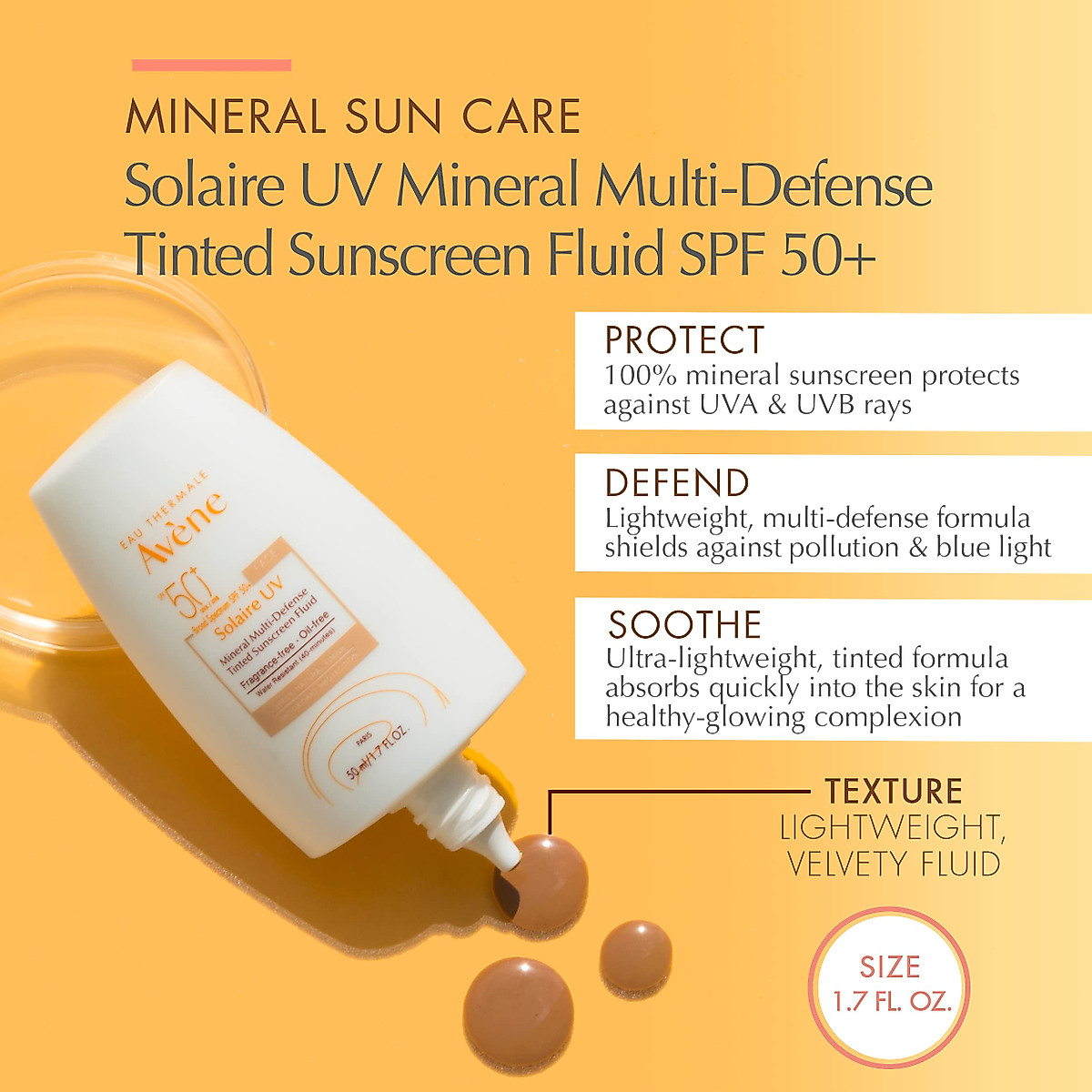 Eau Thermale Avène Solarie UV Mineral Multi-Defense Tinted Sunscreen Fluid, Clean Formula Sunscreen for Sensitive Skin, Reef Friendly, Natural Tint, Non-Whitening, Antioxidant Protection, 1.7 fl.oz.