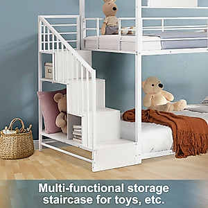 POLOPA Bunk Bed,Twin Over Twin Bunk Bed,Twin Bunk Bed with Stairs Storage and Slide,Twin Bunk Beds,Metal Bunkbeds Frame with Guardrails for Kids Teens Girls Boys Toddlers (White)