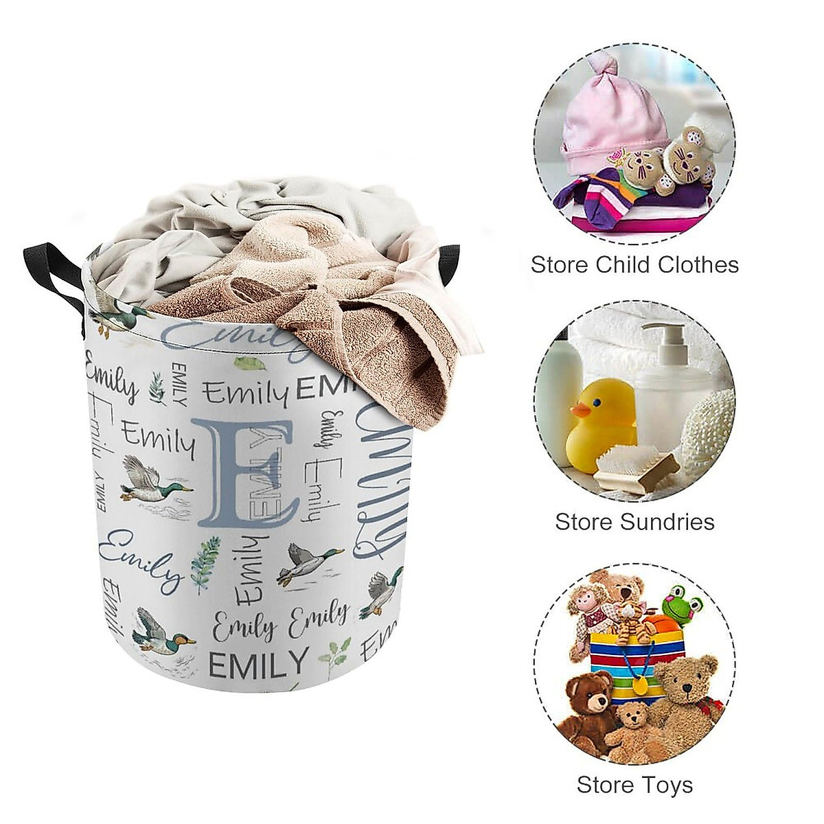 Mallard Duck Personalized Baby Laundry Basket Custom Name Nursery Hamper Collapsible Kids Laundry Hamper with Handles Durable Oxford Cloth Organizer for Clothes Storage Baby Gift Baskets