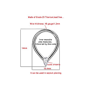 FANSING Titanium Septum Rings for Women 16 Gauge Septum Clicker Clear Cubic Zirconia Septum Piercing Rings 16g Septum Jewelry 8mm Teardrop Septum Ring Hoop