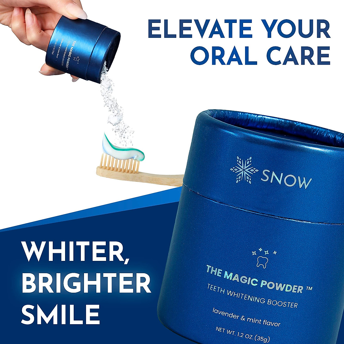 SNOW Magic Toothpaste Whitening Booster Powder - Teeth Whitening & Brightening Powder - Oral Care with Calcium Carbonate - Great Addition to Teeth Whitening Kits - Lavender & Mint Flavor, 18g