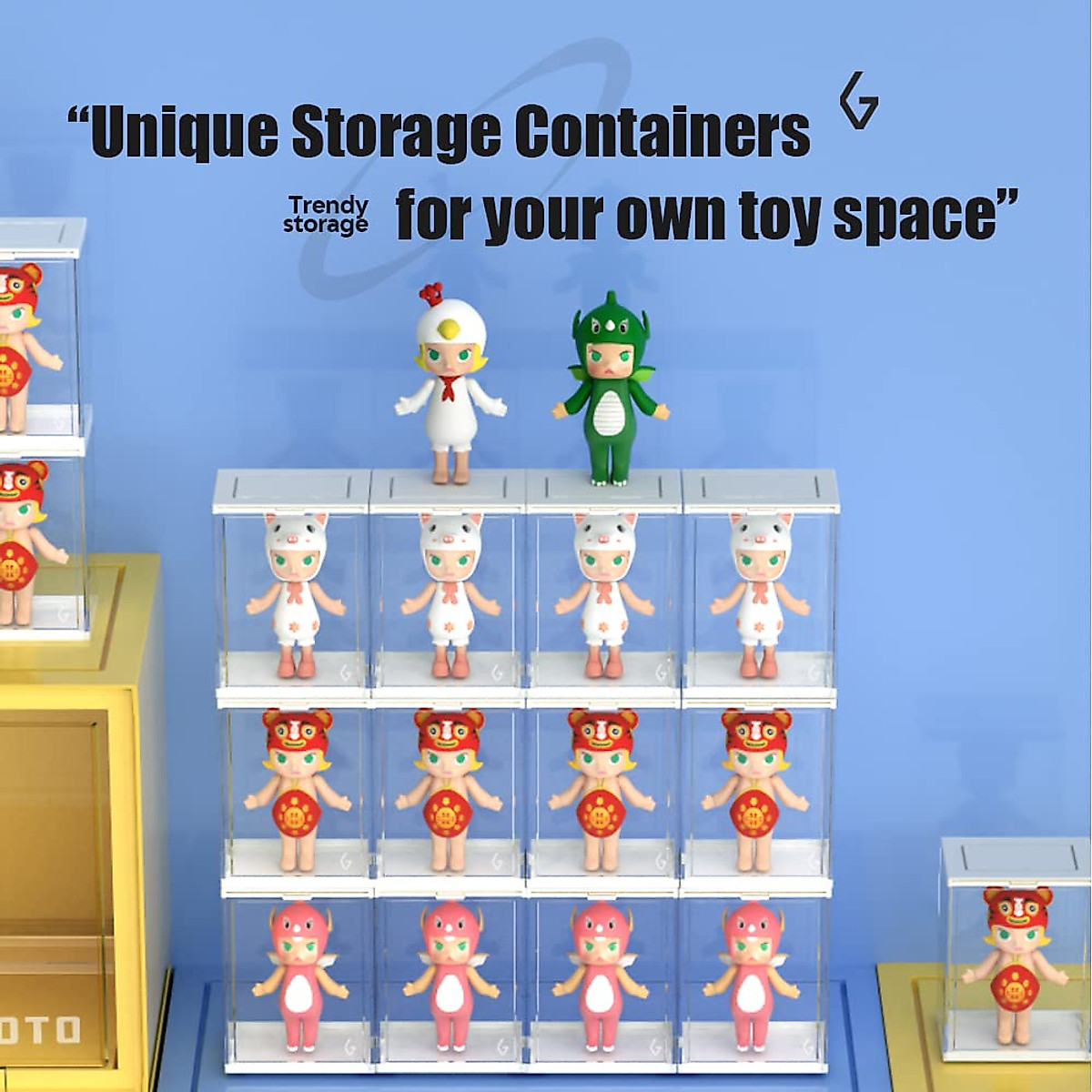 GOTO 12pcs Small Clear Display Cases for Blind Box Toy Pop Mart Bearbrick 100 Mini Action Figures Organizer Display Box Container Unit (12, 0.5L/Box)