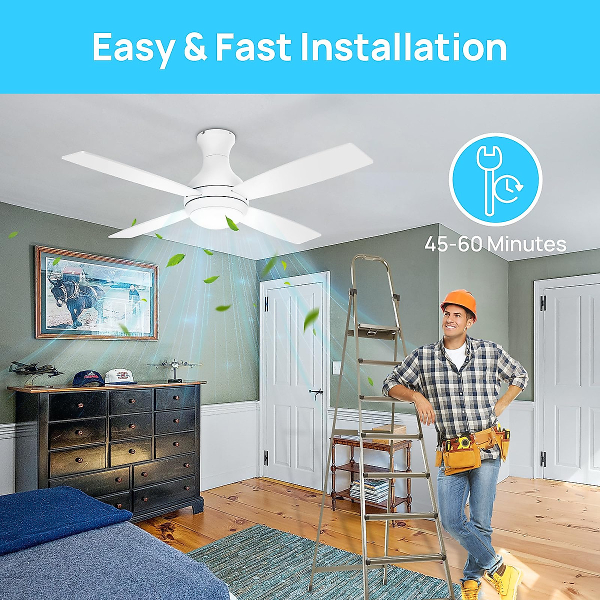 Consciot Ceiling Fan With Lights, 52 Inch Low Profile Ceiling Fan, Remote Control, Quiet Reversible DC Motor, Dimmable Tri-color Temperatures LED, 4 Double Finish Blades, Flush Mount, Indoor Only