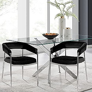 Bekrvio Dining Chairs Set of 2 Kitchen Dining Room Chairs with Arms and U-Shape Backrest, Mid Century Modern Living Room Accent Chair, Velvet Upholstered Kitchen Chairs with Metal Chrome Legs, Black