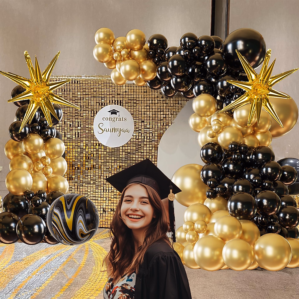ECEAE 133Pcs Black And Gold Balloons Arch Black Metallic Golden Balloon Ensemble Versatile For Great Gatsby Party Decorations, Graduations,New Years Backdrops Birthday Garland Decor Kit