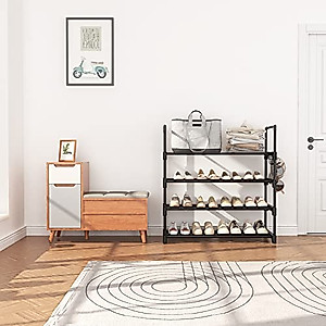 WEXCISE Shoe Rack 4 Tier 16-20 Pairs Shoe Rack for Entryway Sturdy Shoe Organizer Storage for Closet Bedroom Dorm Heavy Duty Black Metal Shoe Shelf with Hooks