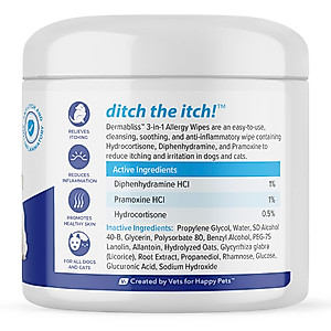 Vetnique Dermabliss 3-in-1 Medicated Dog Wipes - Relief for Itchy Skin, Allergies & Odor Control, Gentle No-Sting Formula, Antihistamine & Hydrocortisone Paw Wipes for Dogs & Cats 50ct