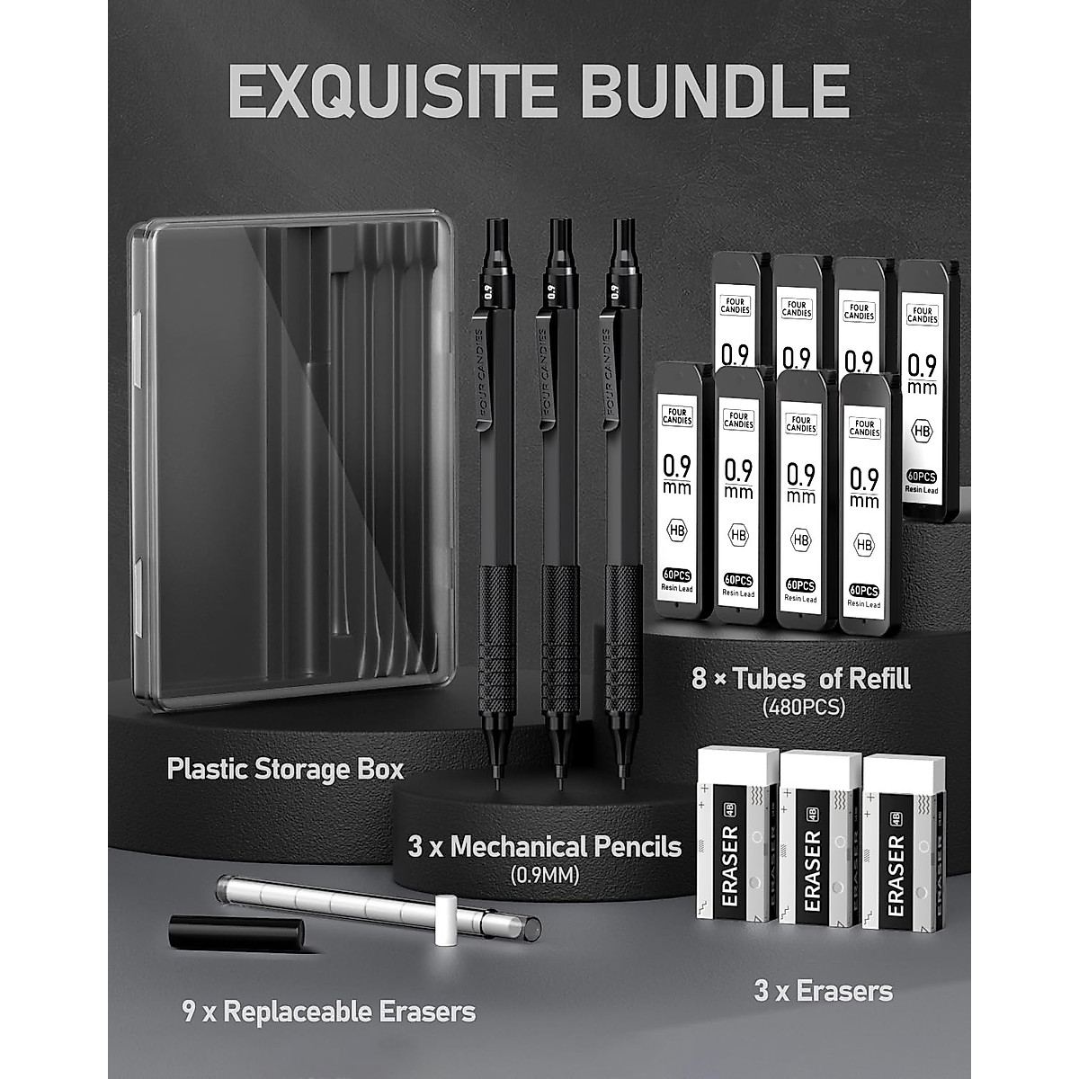 Four Candies 0.9mm Mechanical Pencil Set with Case, 3PCS Metal Artist Lead Pencil with 8 Tubes (480PCS) HB Lead Refills, 3 Erasers, 9 Eraser Refills For Engineer Art Writing Drafting, Black