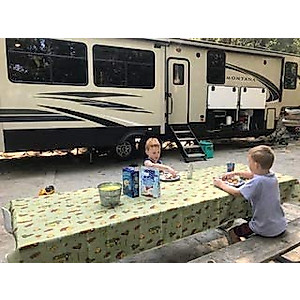 FoxCarr RV and Camping Table Cloth Will fit a 6ft or 8ft Picnic Table. Made of Polyester. This Camping Tablecloth is Washable. This Camping Accessories is for Outdoor Table Cover Product Name