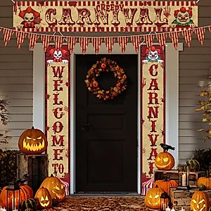 Halloween Decoration Evil Circus Clown Carnival Porch Banner,WELLCOME TO CARNIVALC Clown Sign Hangging Bloody Splatter Carnival Decor Triangle Bunting Flag for Halloween Decoration Carnival Birthday