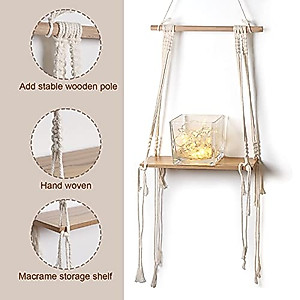 CIOUYAOS Boho Wall Shelf Decor, Macrame Wall Hanging Shelves, Minimalist Art Aesthetic Wooden Shelf for Farmhouse Bedroom Home Dining Living Room Window Bathroom Nursery Plants (Quadrangle)