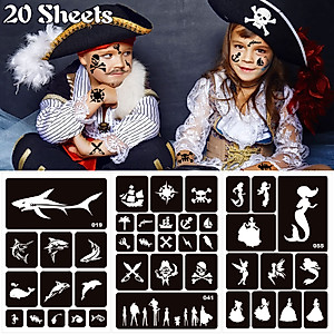 Sixberry 20 Sheets Temporary Tattoos Stencils for Kids, Glitter Henna Face Body Paint Stencil Kit, Girls Flowers Mermaid Boys Dragon Airbrush Art Tattoo for Birthday Halloween Christmas Party Favors
