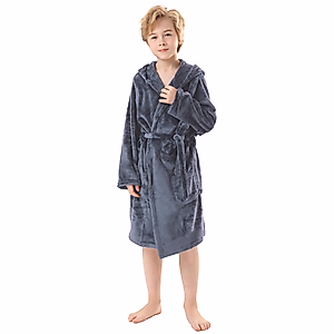 V.&GRIN Boys Fleece Robe, Hooded Toddler Soft Fuzzy Bathrobe for Kids 3-14 Years（Gray 9-10）