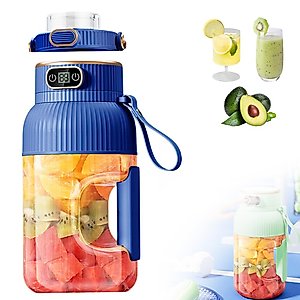 Multifunctional Portable Juicer Cup With Digital Display,Portable Blender With Direct Drinking Lid,Large Capacity Electric Blender for Smoothies Juices Shakes (Blue-Single cup Double lid)