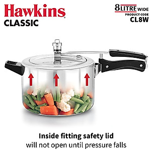 Hawkins Classic CL8W 8 L Aluminum Pressure Cooker, Medium, Silver, 8-Liter Wide Body