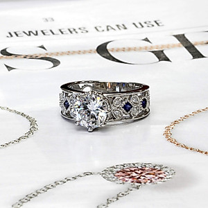 925 Sterling Silver Wedding Ring 2 Carat Octagon Cut CZ Stone Simulated Blue Sapphire CZ Accent Filigree Vintage Engagement Ring (Size 5 to 9)