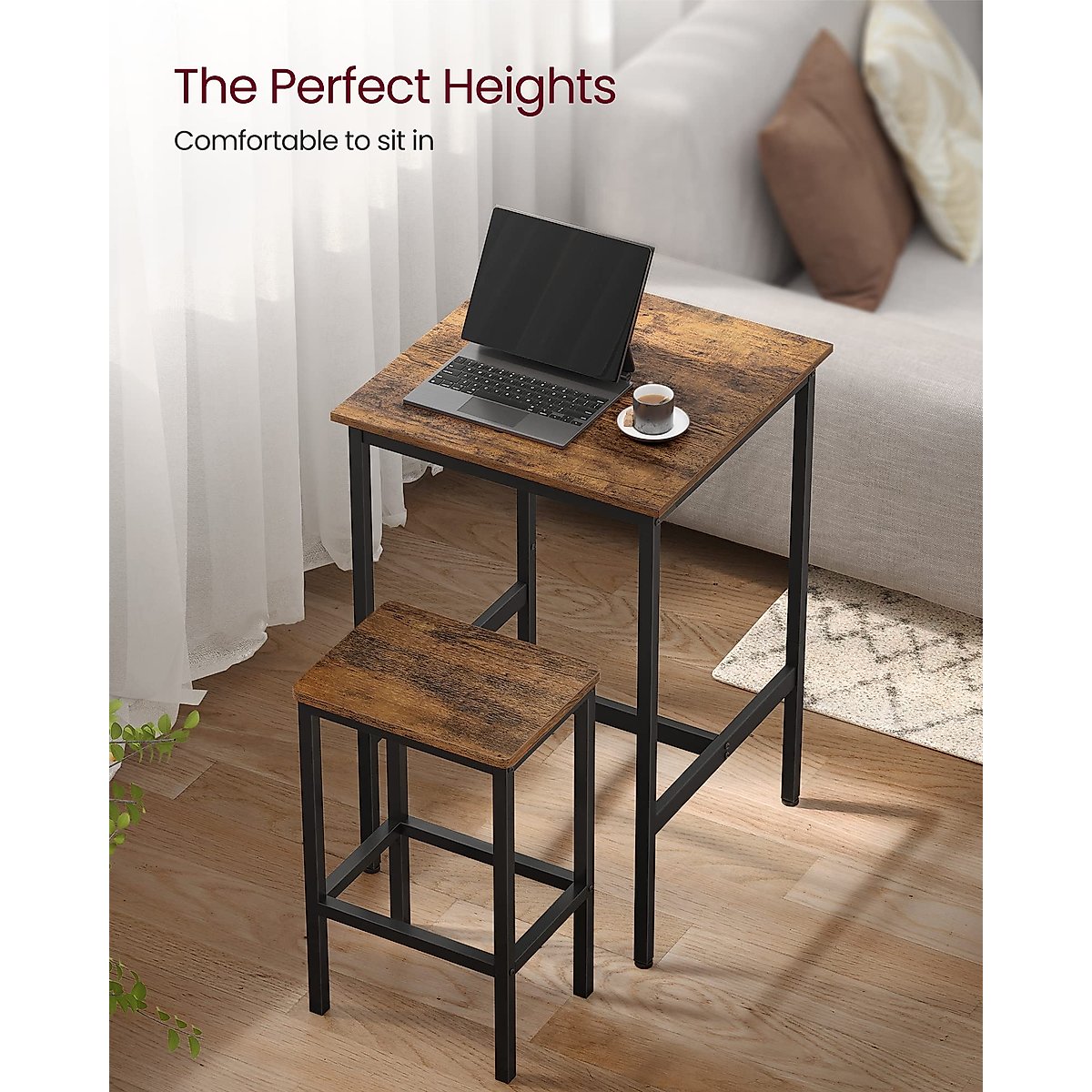 VASAGLE Bar Table and Chairs Set, Square Bar Table with 2 Bar Stools, Dining Pub Bar Table Set for 2, Space Saving for Kitchen Breakfast, Living Room, Party Room, Rustic Brown and Black