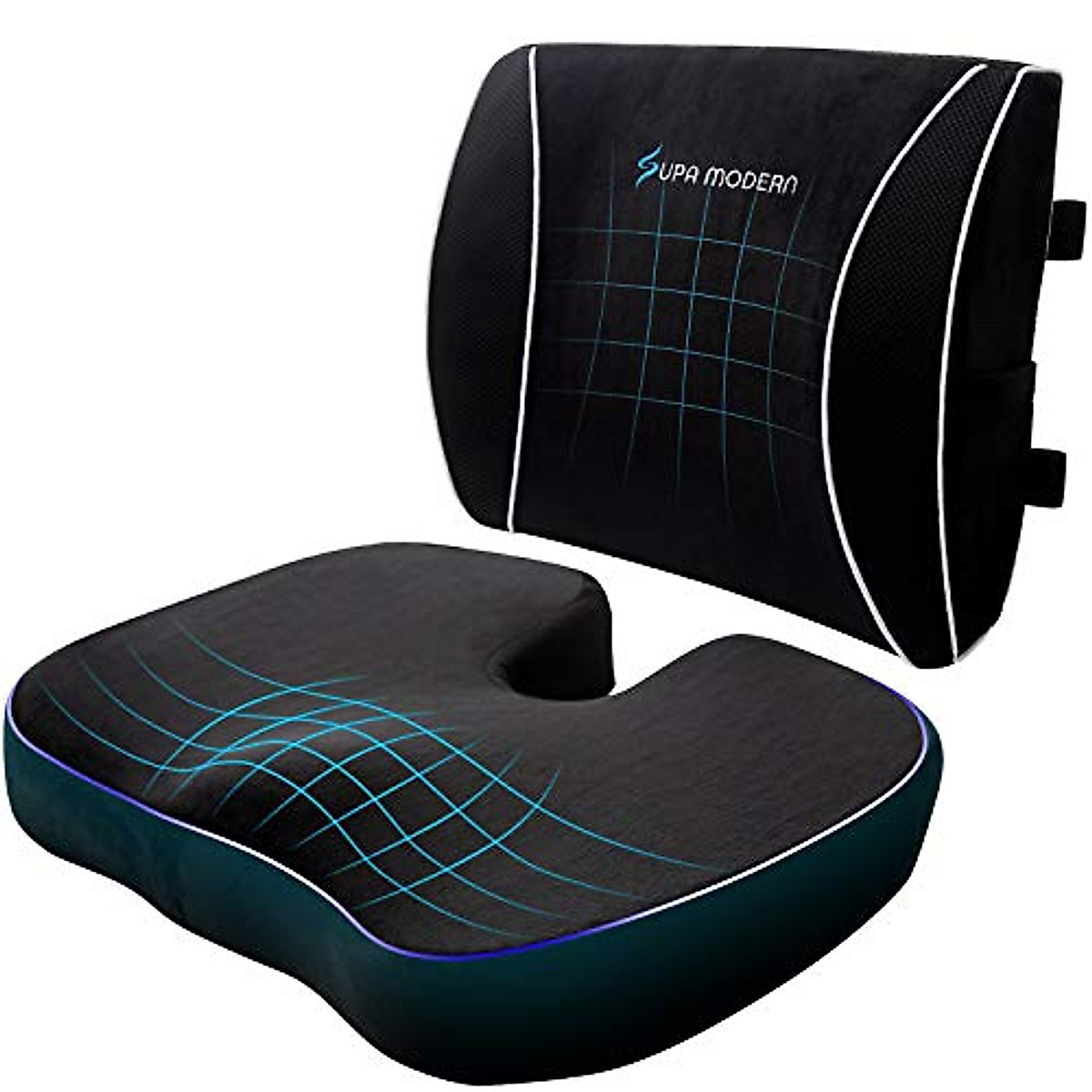 SUPA MODERN Seat Cushion for Office Chair, Gaming Chair Memory Foam Seat Cushion and Lumbar Support Pillow, 3D Breathable Mesh Lumbar Support for Wheelchair Home, Car Back Pillows (Ultra Soft VETVET)