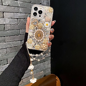 iFiLOVE for iPhone 14 Pro Max Bling Diamond Case with Flower Strap, 3D Luxury Sparkle Glitter Crystal Rhinestone Pearl Love Rose Wristband Bracelet Case Cover for Girls Women Kids (Champagne)