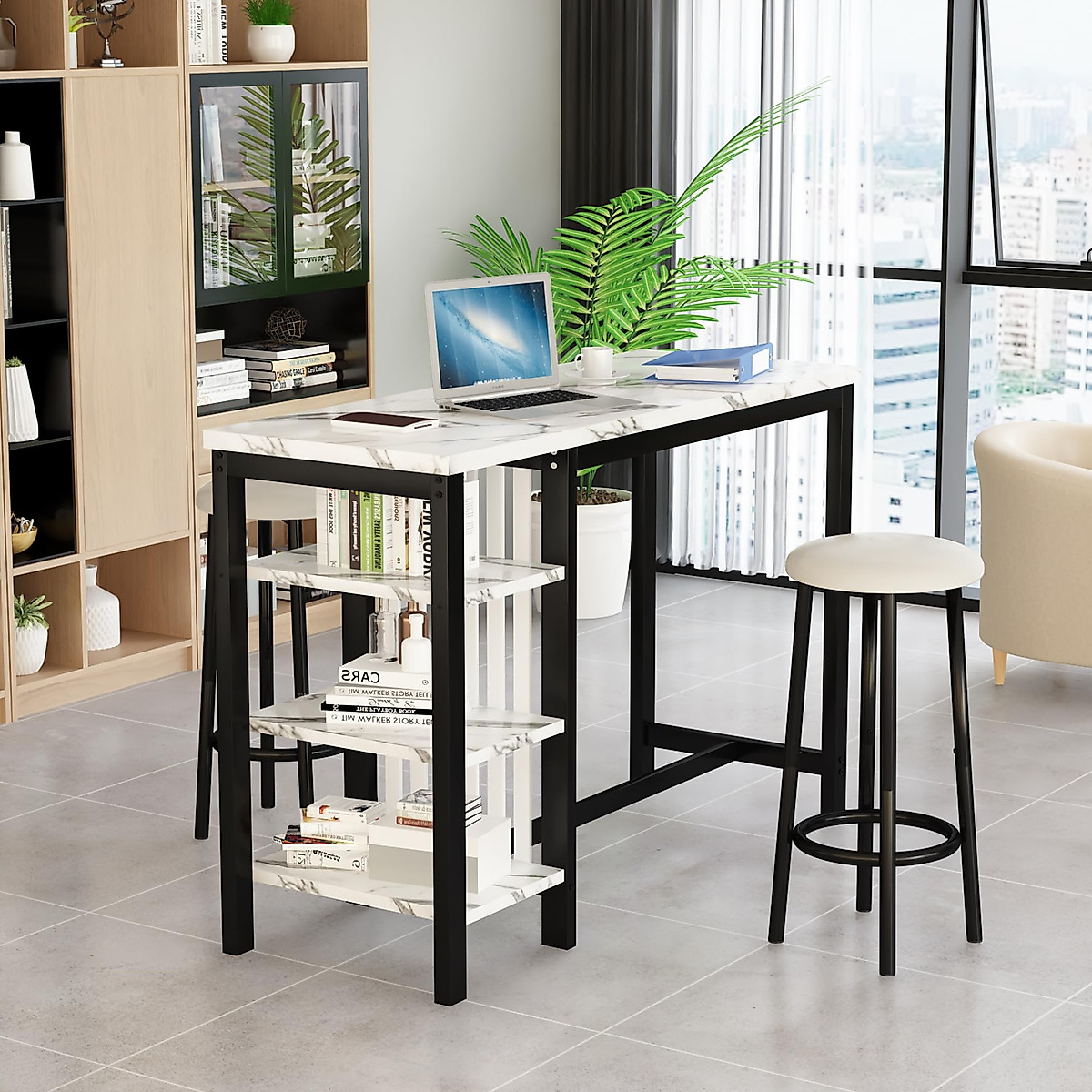 AWQM Home Bar Table Set of 2, 47" White Faux Marble Dining Set with Storage Shelves and Upholstered Leather Bar Height Stools, 3-Piece Kitchen Table for 2 People, Space Saving Table (White & Black)