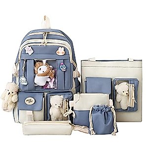 Kawaii Backpack 5Pcs School Backpack Aesthetic School Bag with BadgePlush Pendan Shoulder BagPencil BoxTote BagSmall Bag（blue rice）