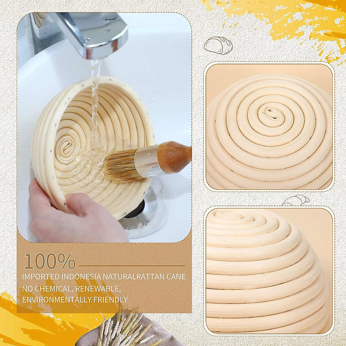 Irenare 10 Pcs Bread Banneton Proofing Basket Round Dough Sourdough Proofing Basket Rattan Bakery Baking Bread Bowl with Liner and Scraper Tool Set for Starter Gifts Professional Home Bakers (5 Inch)