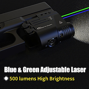 CRONHAWK 500 Lumen Blue Green Laser Light for Pistol, Rechargeable Rail Mounted Flashlight Laser Combo for Picatinny Rail, Magnetic Charging