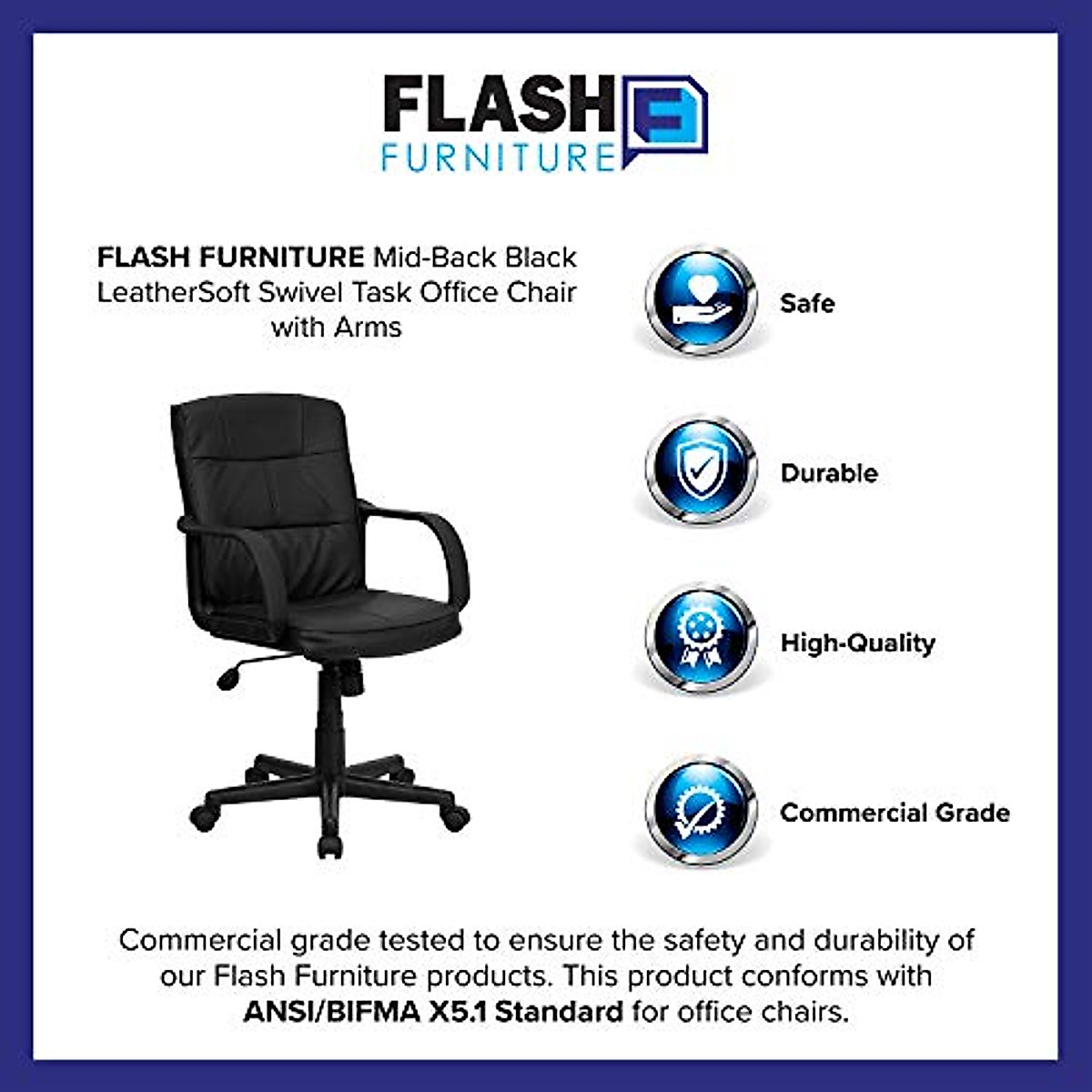 Flash Furniture Rider Mid-Back Black LeatherSoft Swivel Task Office Chair with Arms