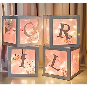 Uptotop Baby Shower Balloon Box Decorations, 4 Pcs Baby Blocks Transparent Balloon Boxes with A-E Letters, Fairy String Lights and 36 Pcs Latex Balloons for Decor, Pink