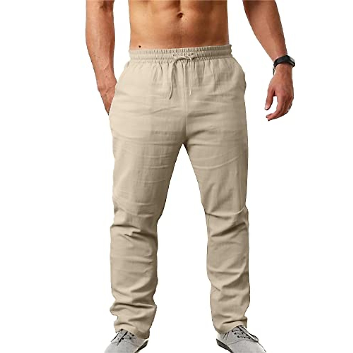 NANAMEEI Mens Linen Pants Casual Mens Linen Trousers Beach Elastic Waistband Pocket Drawstring Beach Pants Khaki XL
