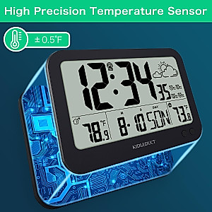 KIDLEDUCT Digital Wall Clock Battery Operated, Atomic Desk Clocks with Temperature Indoor Outdoor, 8.5" Large Display Weather Forecast Thermometer with 4 Alarms, 330ft Wireless